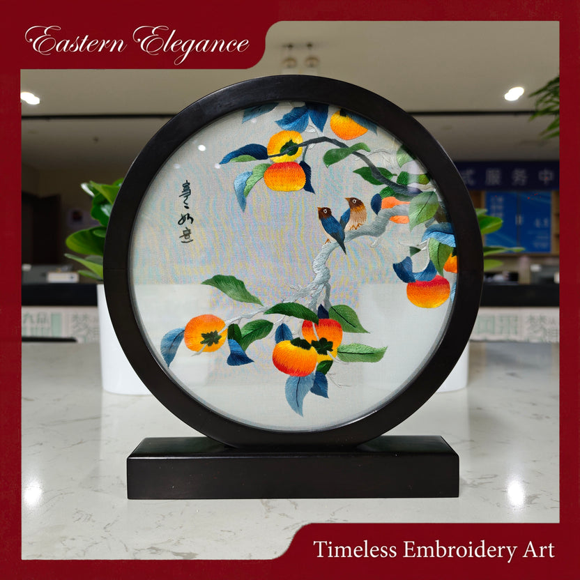 Hand-Embroidered Bird & Fruit-Themed Circular Table Screen – Joyingift